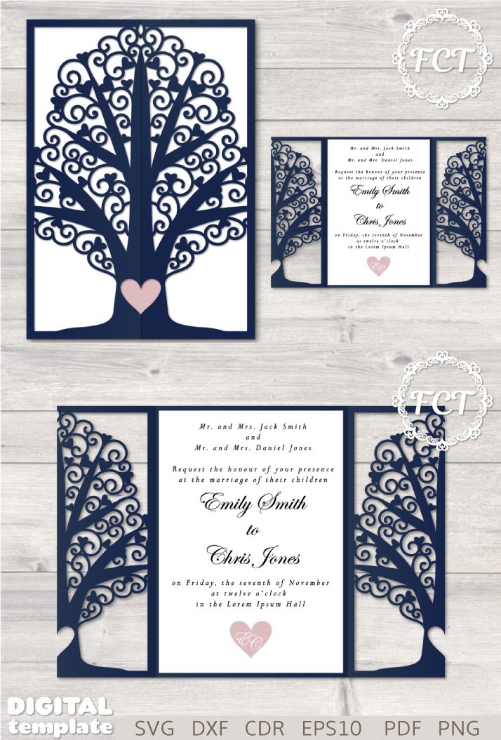 Tree wedding invitation SVG, Gate card 5x7 cutting template