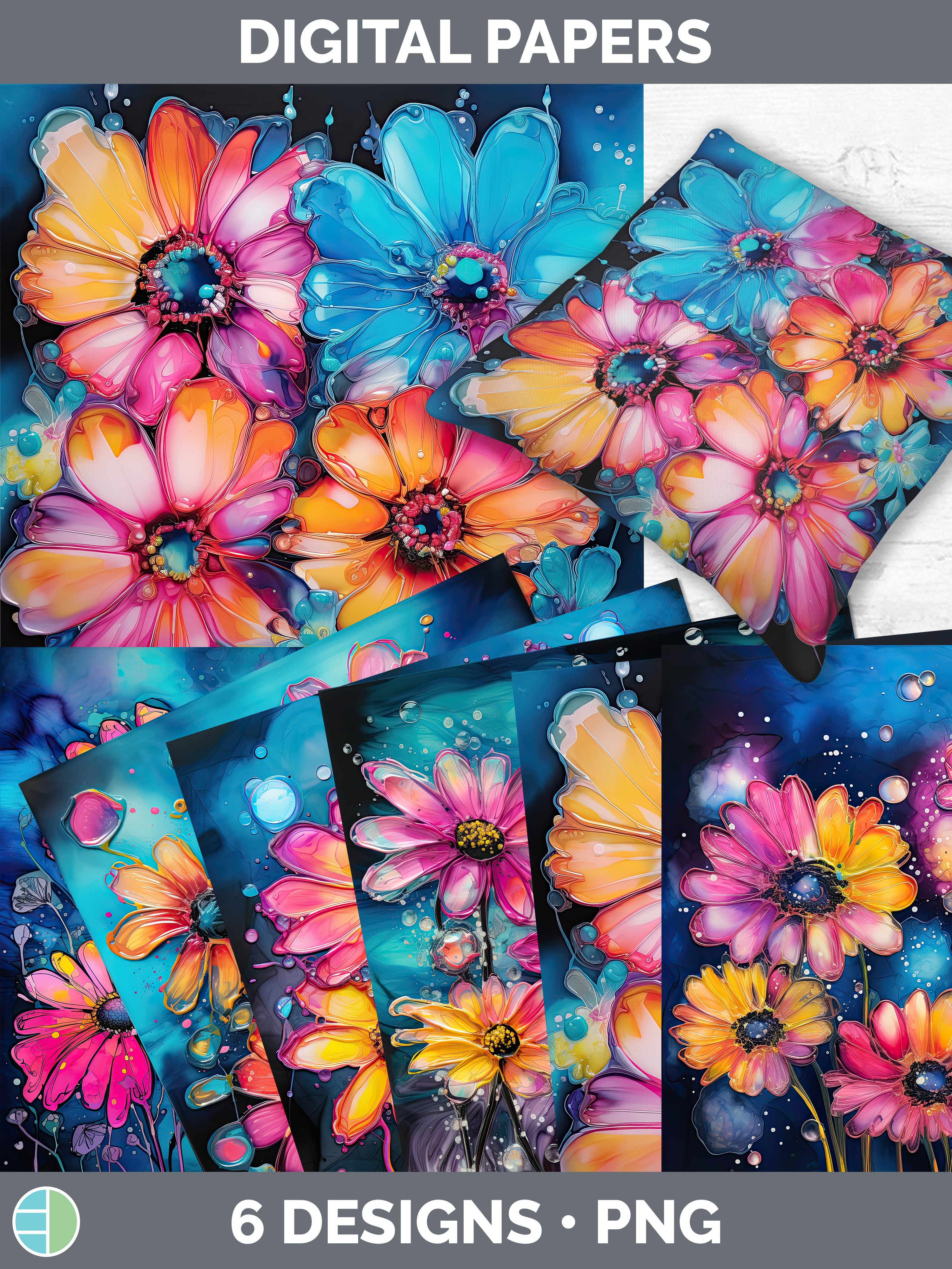 Neon Daisy Flowers Paper Backgrounds | Bundle Digital Scrapb