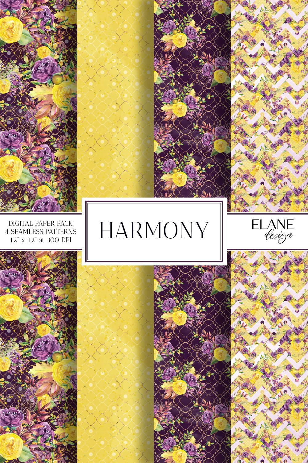 Purple Yellow Floral Digital Paper, Flowers (3950373)