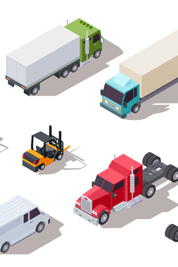 Isometric truck. Transportation trucks with container and va