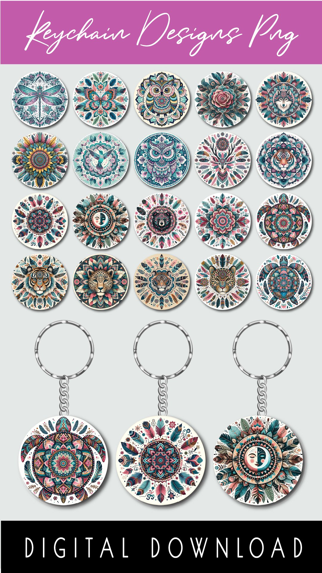 Boho Keychain Bundle - Animal Mandala Round Keychain PNG