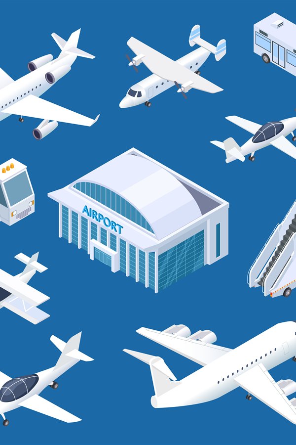 Isometric airport building, airplaines and transport at the
