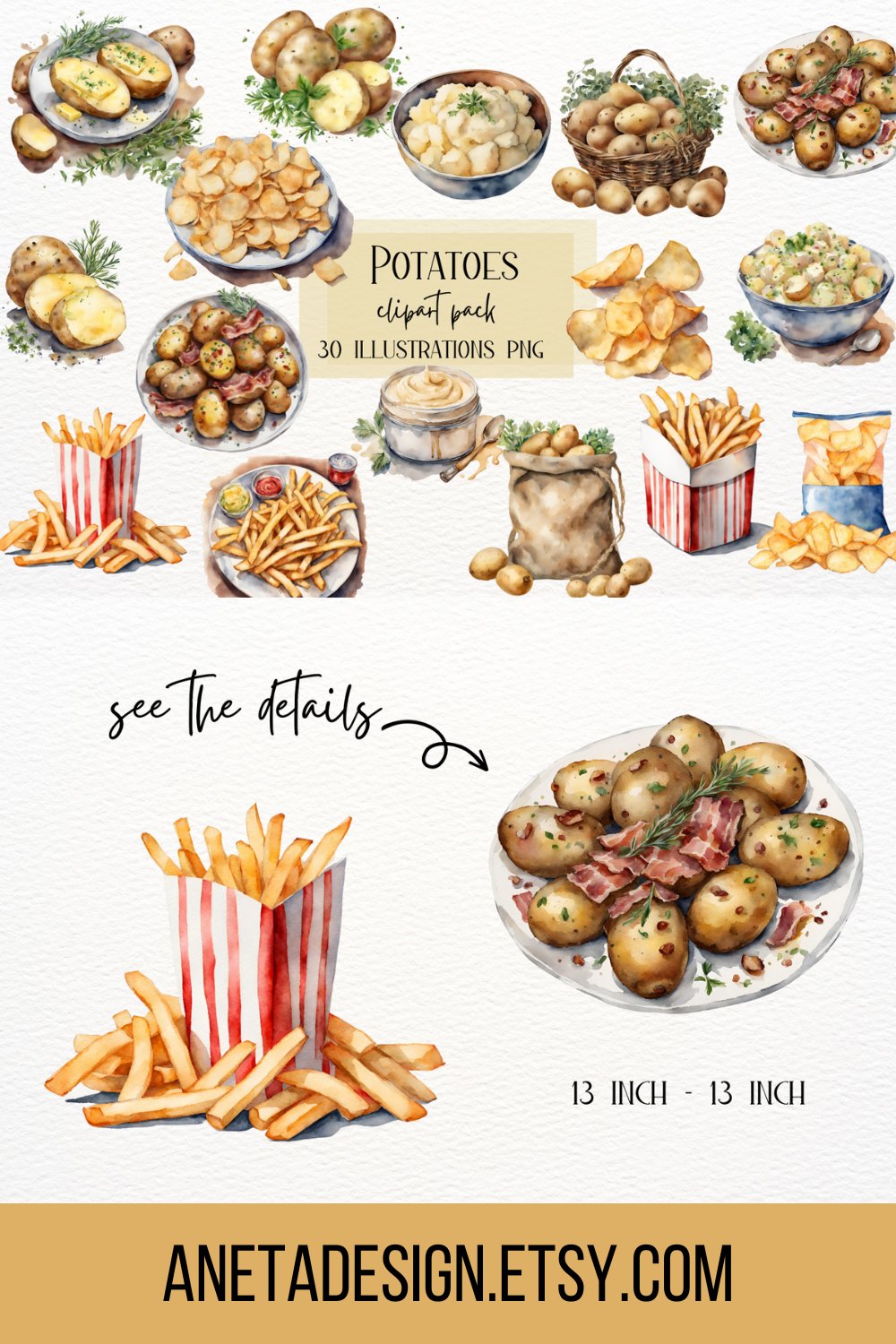 Watercolor Potato Clipart, French Fries, Potato Chips