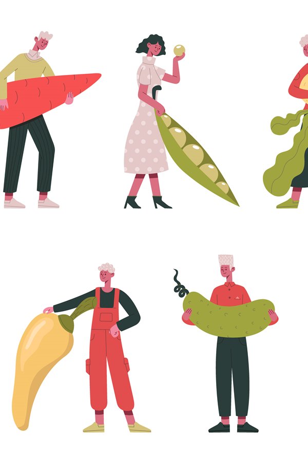 Vegetarian characters. People carrying raw ingredients, vege