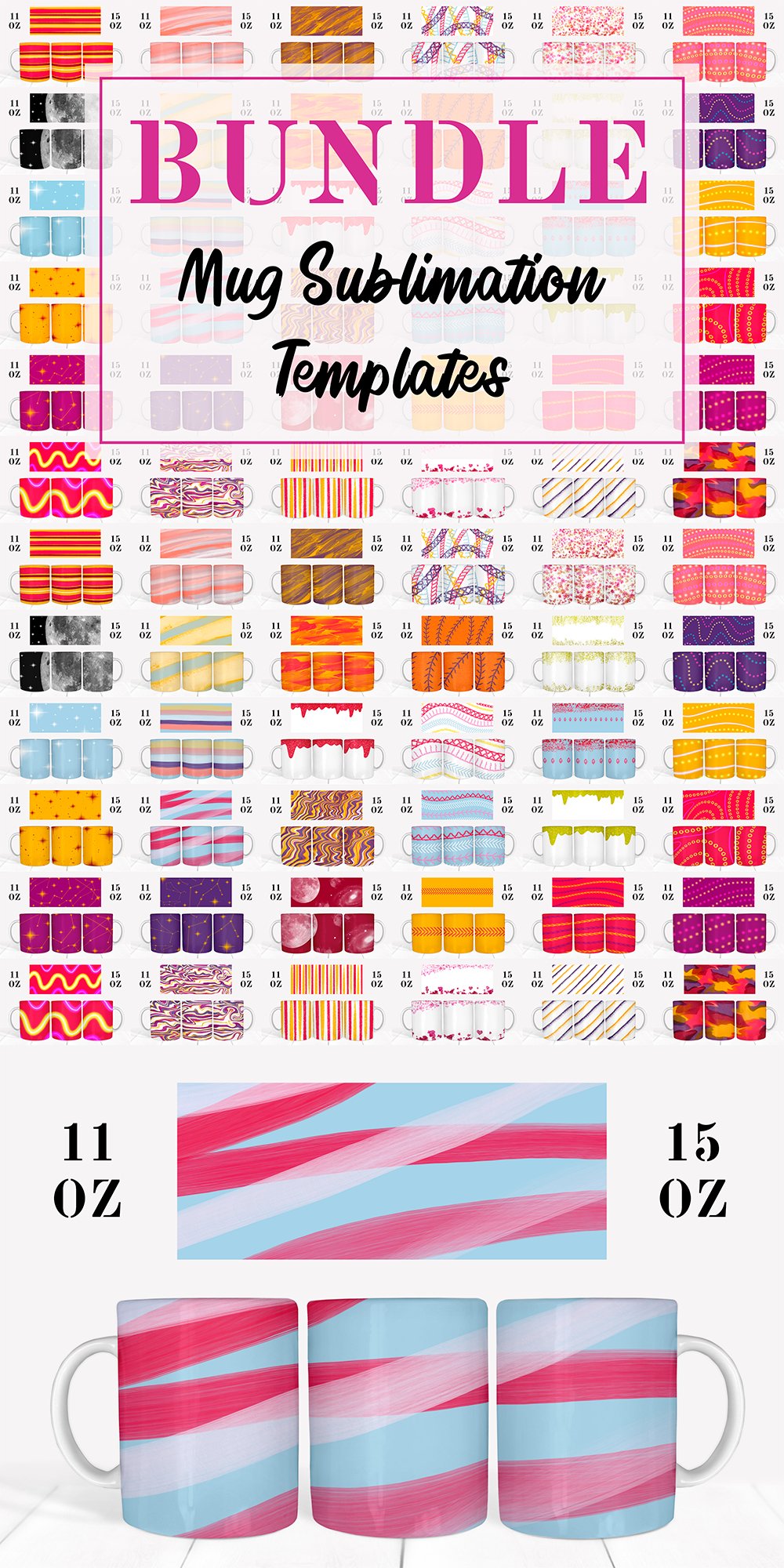 36 Full Wrap Mug Sublimation Templates. PNG BUNDLE