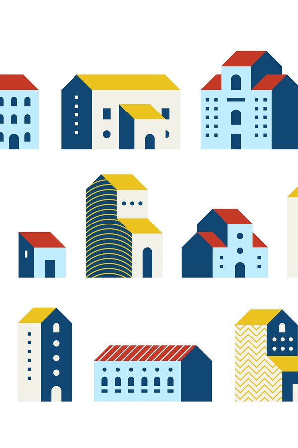 Minimal flat houses. Simple geometric buildings cartoon set,