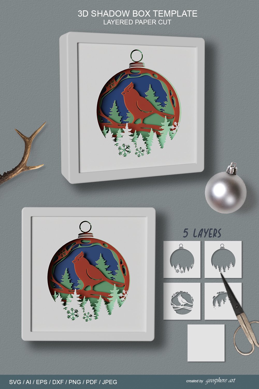 Chrismas Shadow box. Red cardinal bird Layered papercut SVG