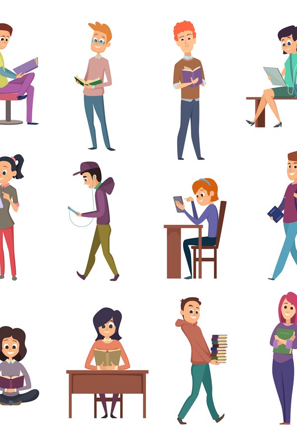 Reading characters. People knowledge student with books lear