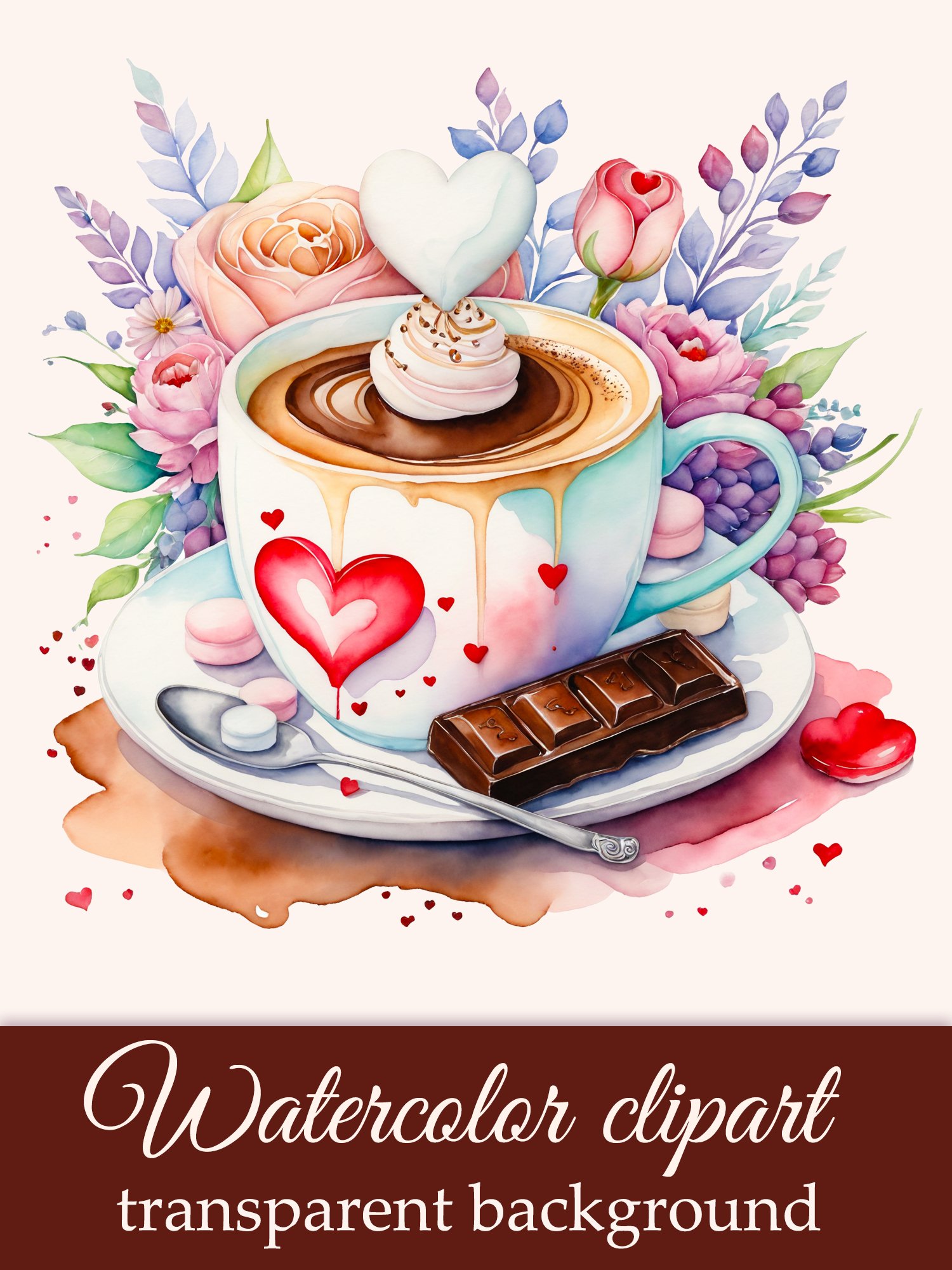 Watercolor coffee cup with hearts and chocolate, clipart Png