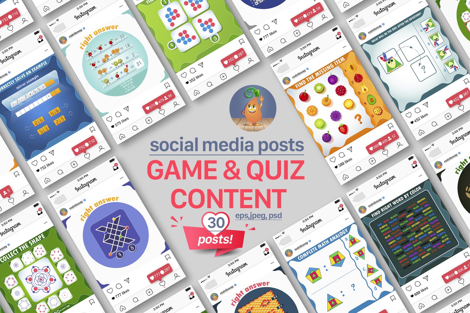 Social media post template with a game