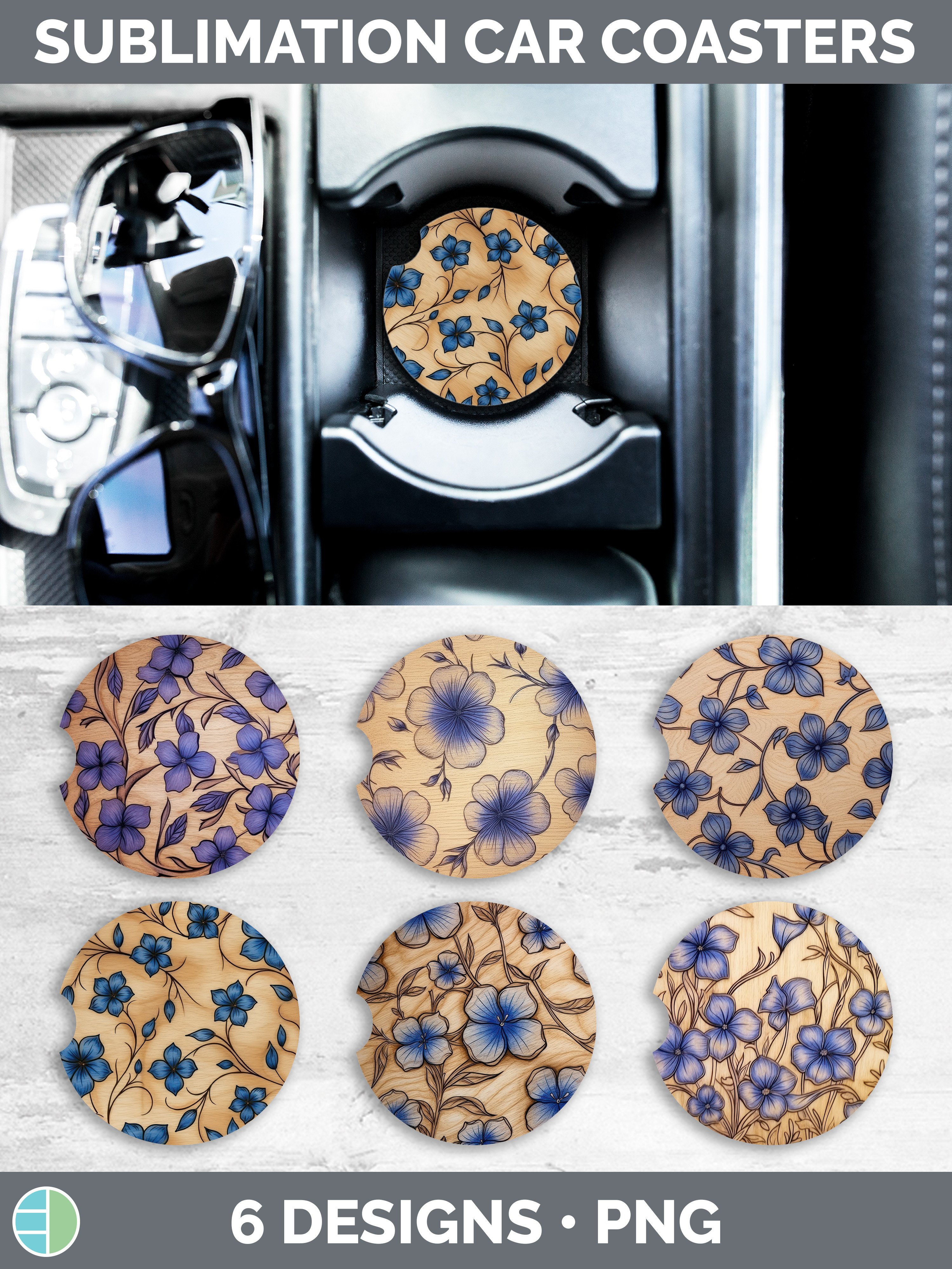 Wood Burned Periwinkle Flowers Car Coaster | Sublimation Coa