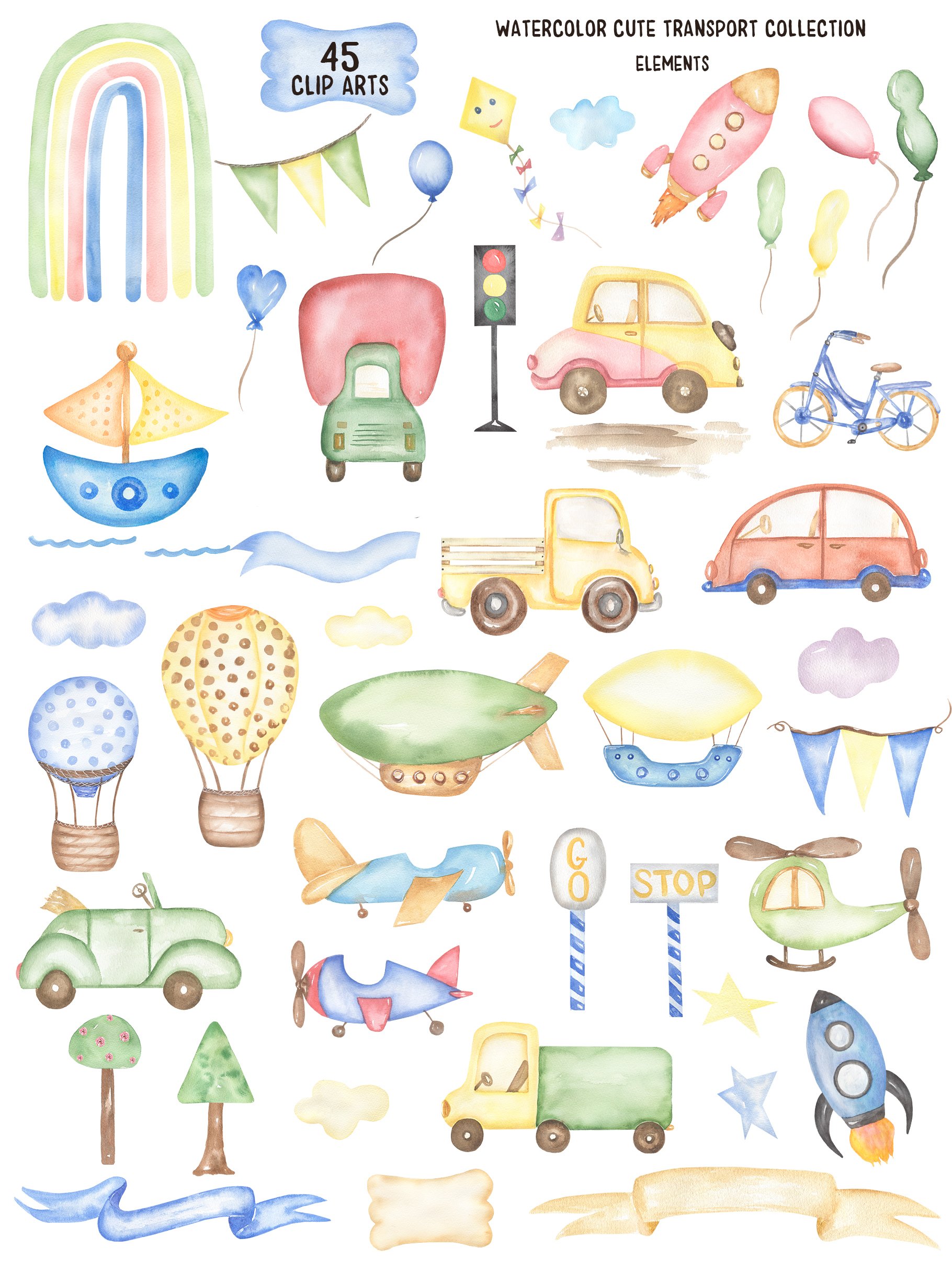Watercolor Cute Transport Bundle