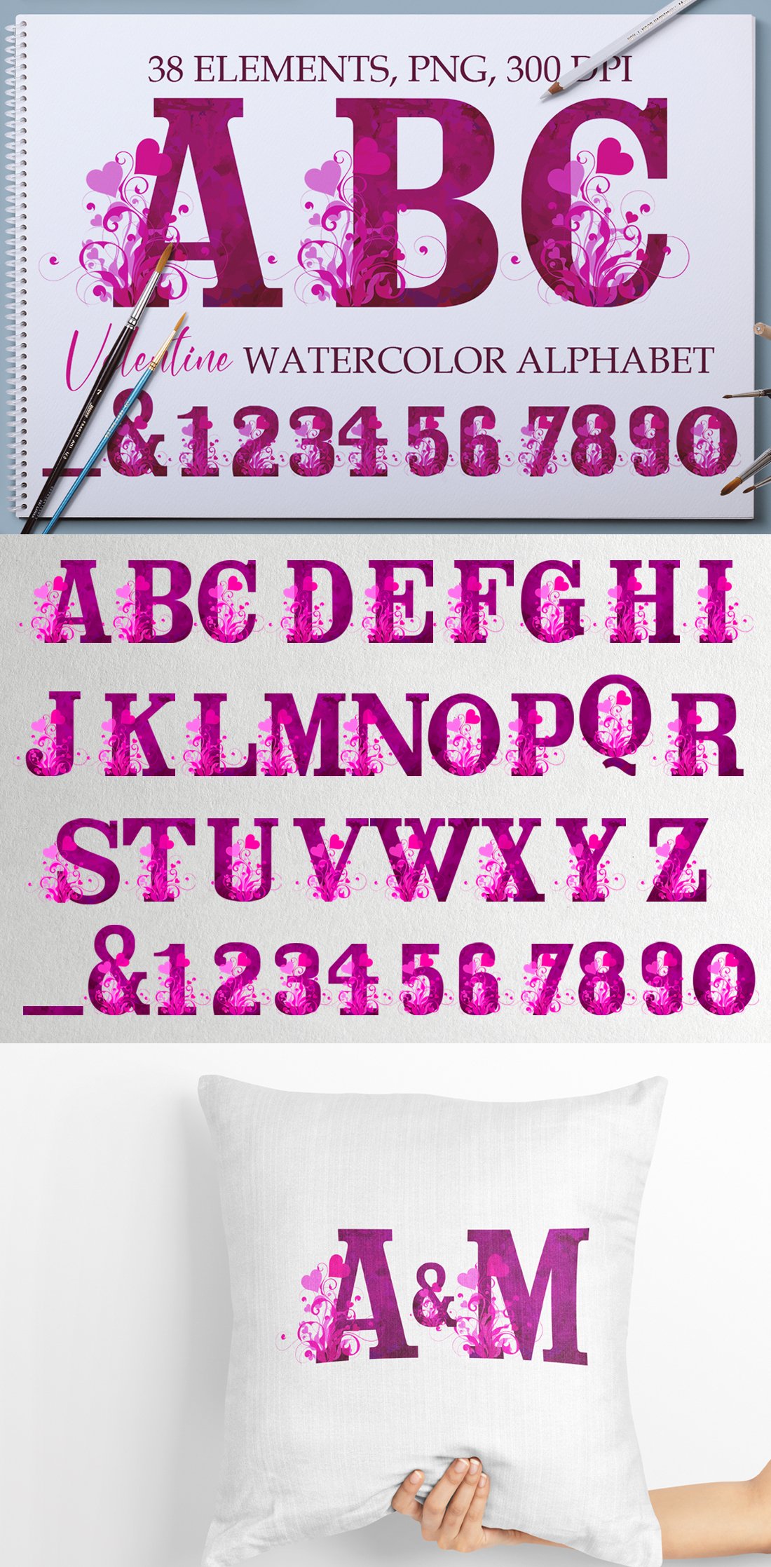 Watercolor Monogram, Valentine Sublimation Alphabet Bundle