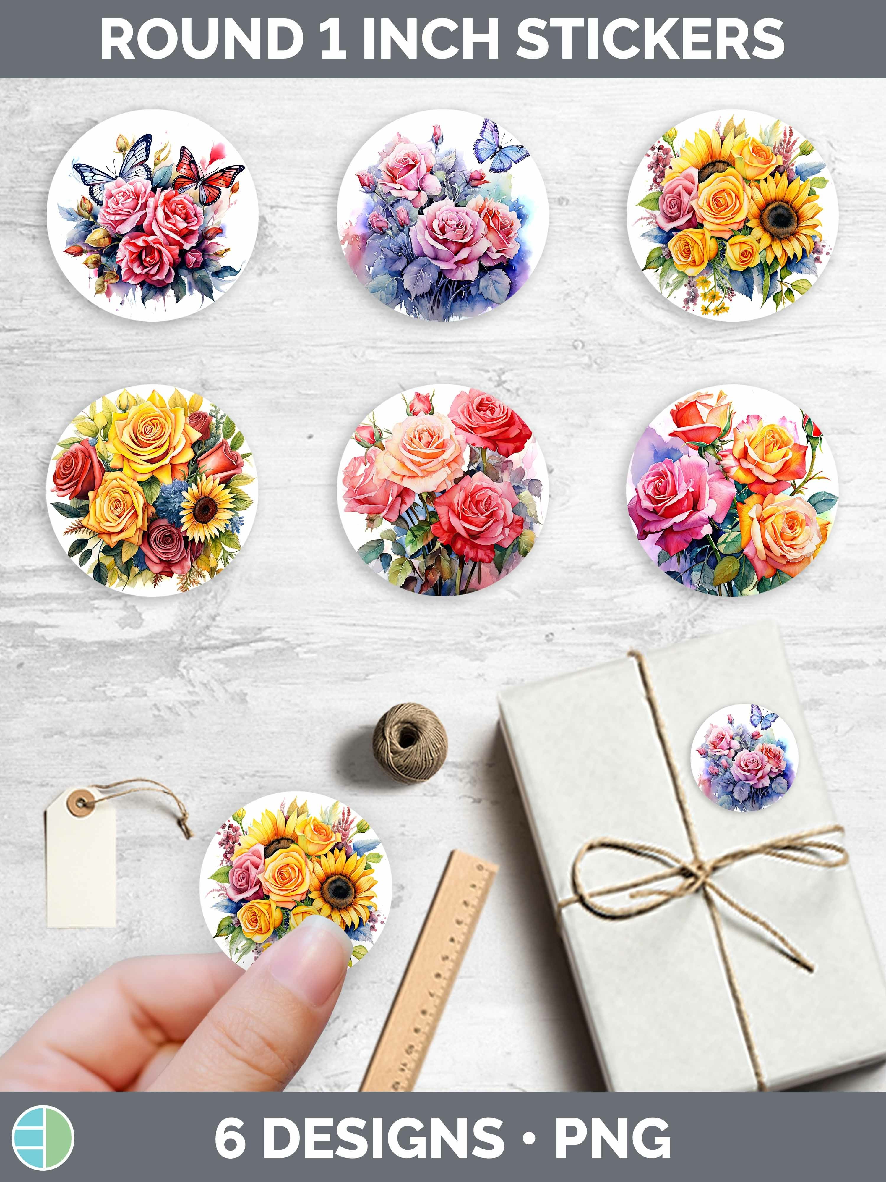 Watercolor Rose Stickers | Round Labels Bundle