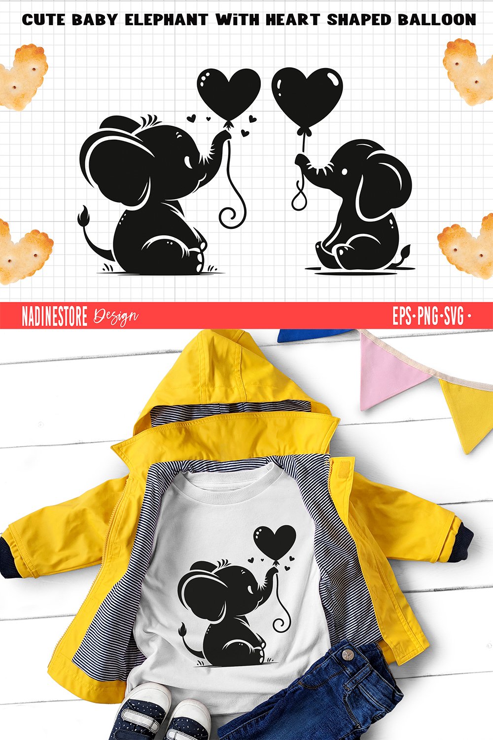 Cute baby elephant with heart shaped balloon SVG EPS PNG.