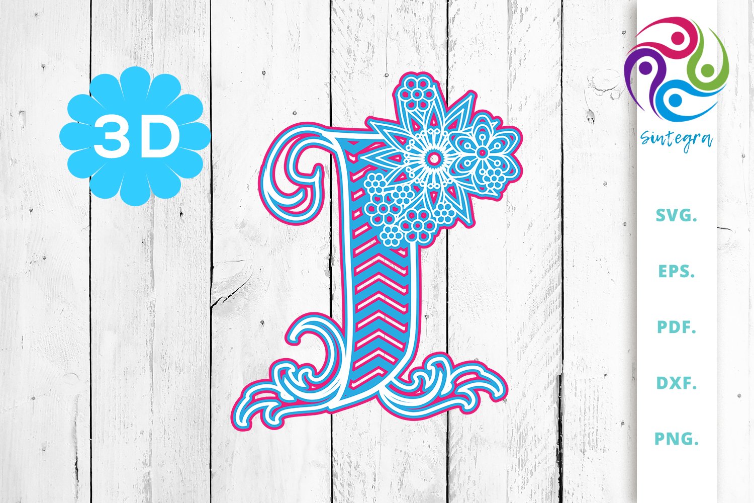 3D Multilayer Floral Chevron Letter J , SVG Cut File