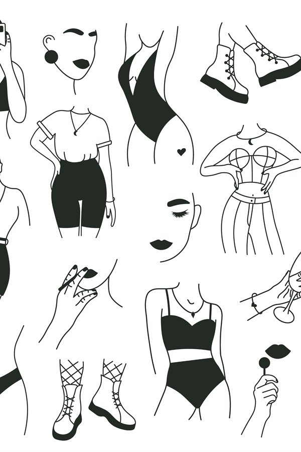 Outline female body elements. Contemporary woman bodies, han