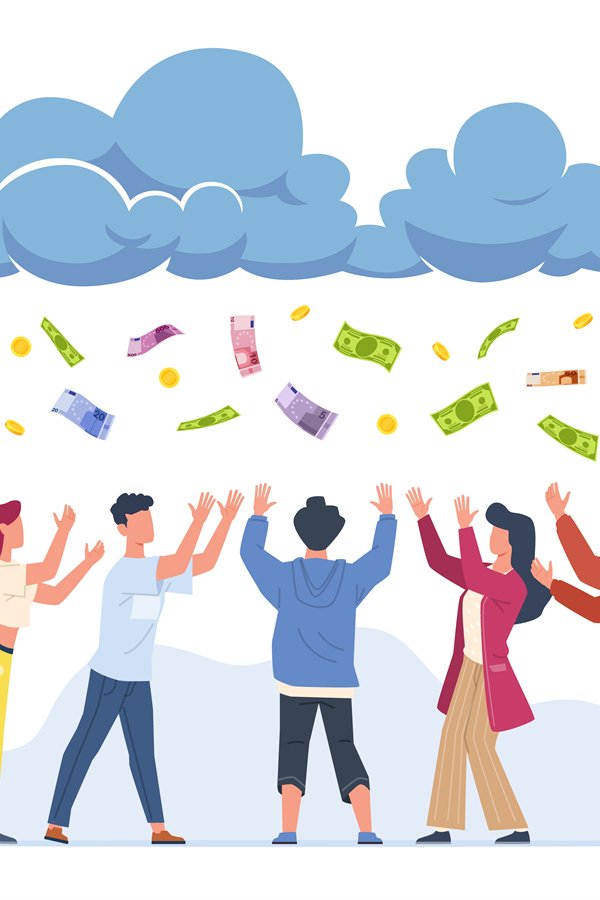 Money rain. Cartoon happy people catching banknotes and gold