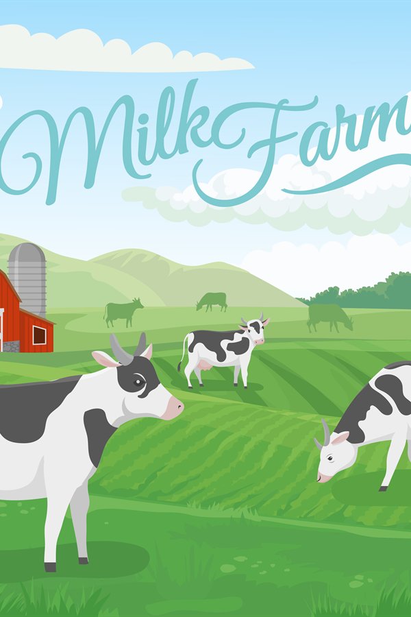 Milk farm field. Dairy farms landscape, cow on ranch fields