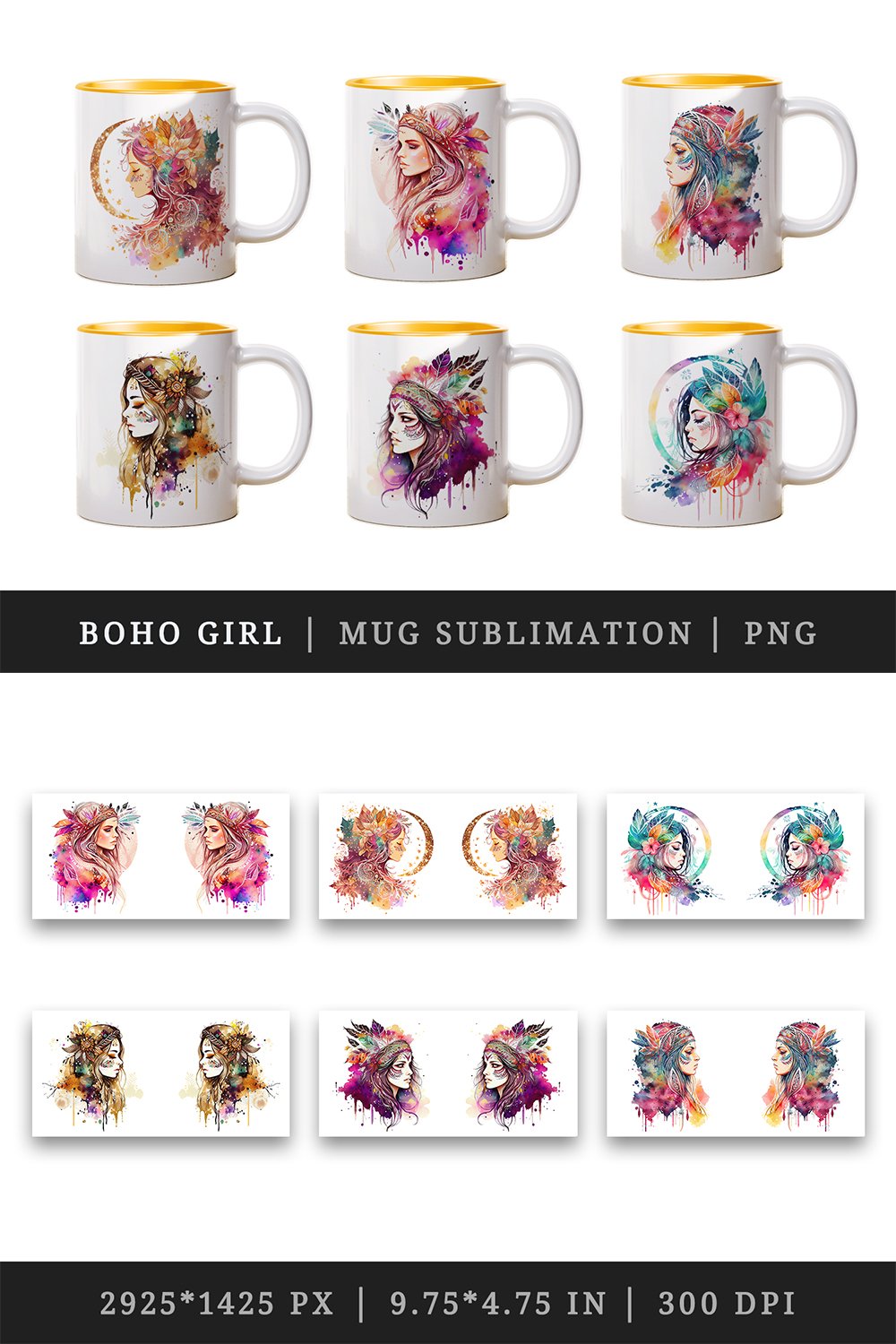 Watercolor boho girl mug, cup wrap sublimation design bundle