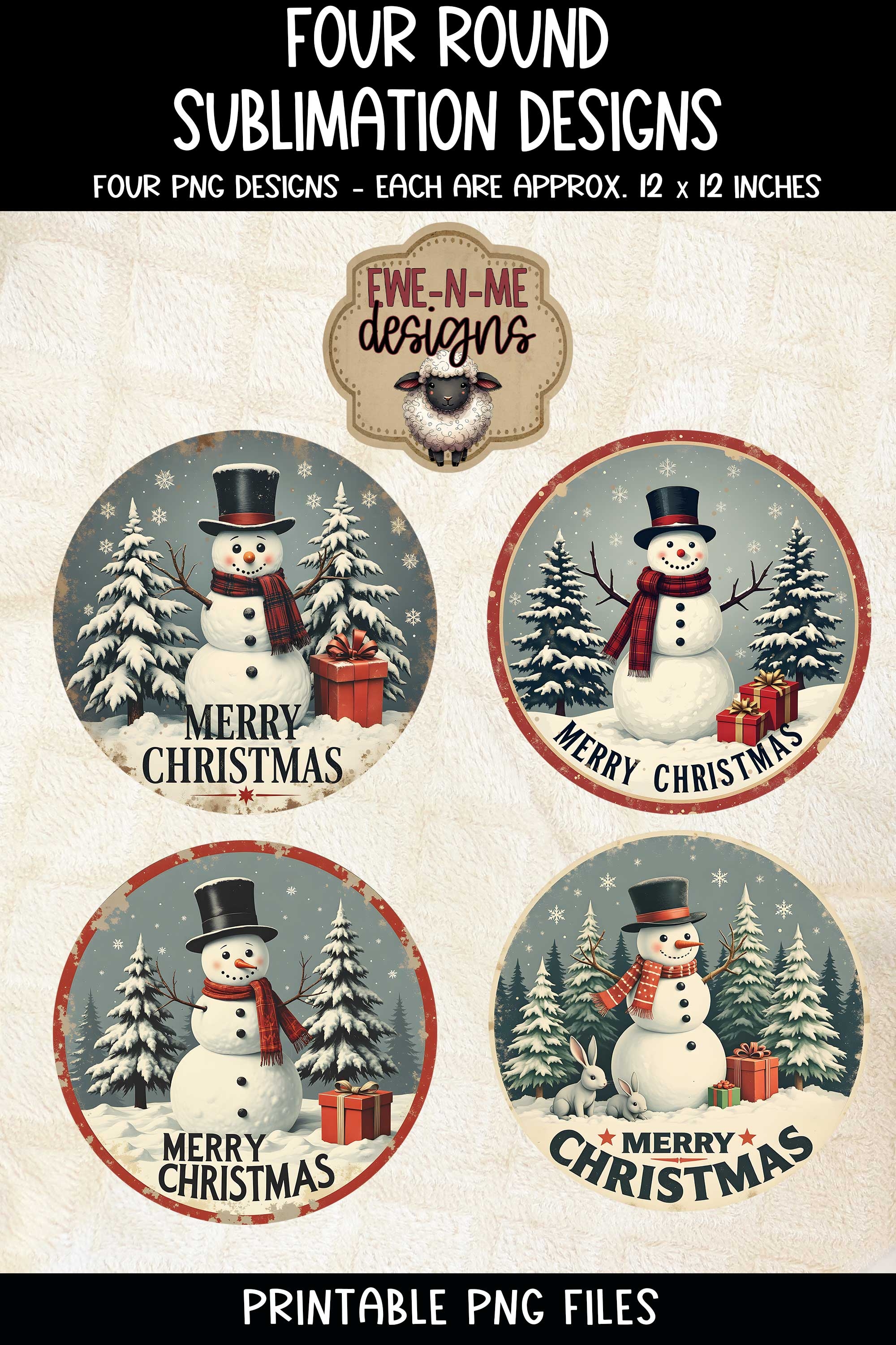 Vintage Snowman Round Sublimation Designs | Four Round PNGs