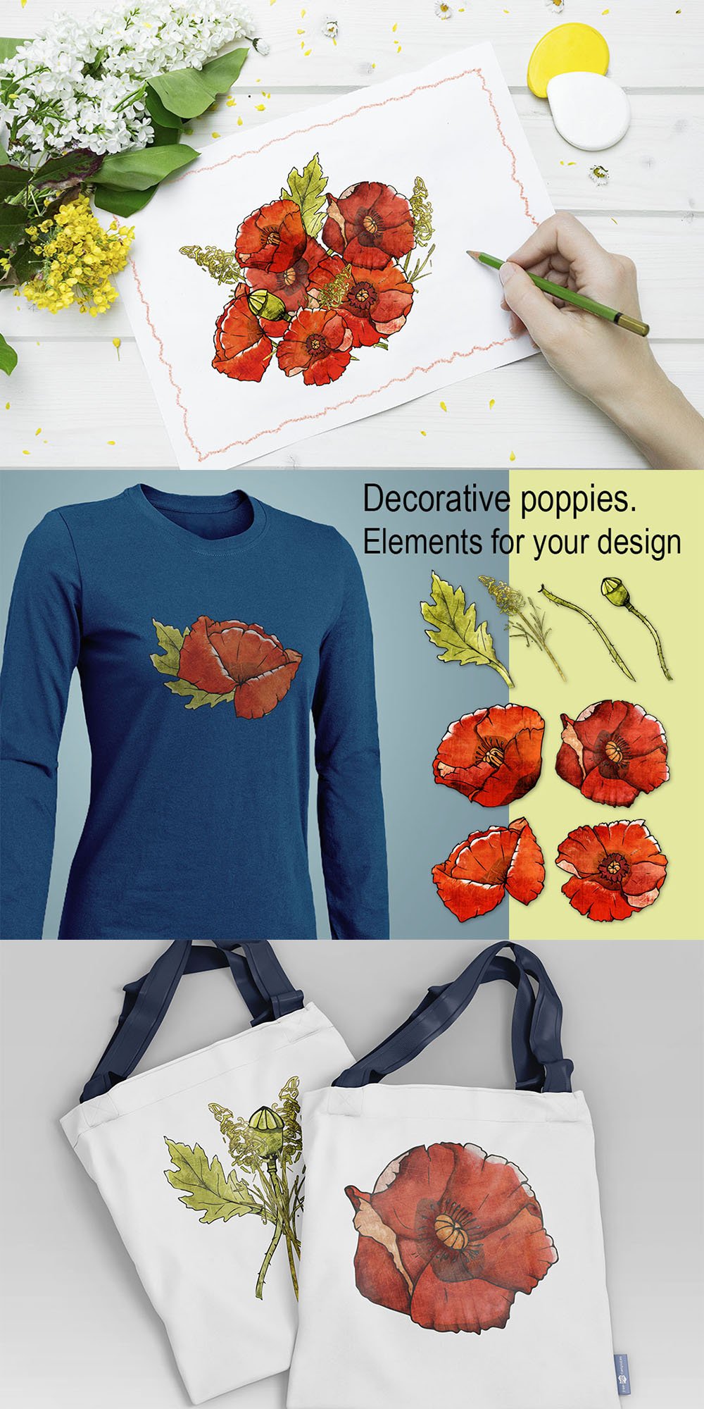 Decorative poppies. Elements for your design.