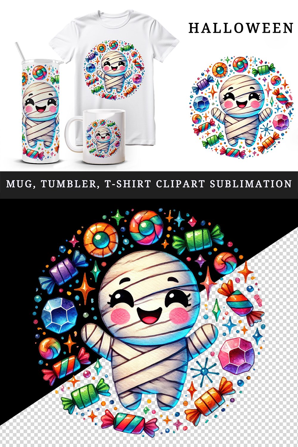 Halloween mummy tumbler mug wrap clipart sublimation design