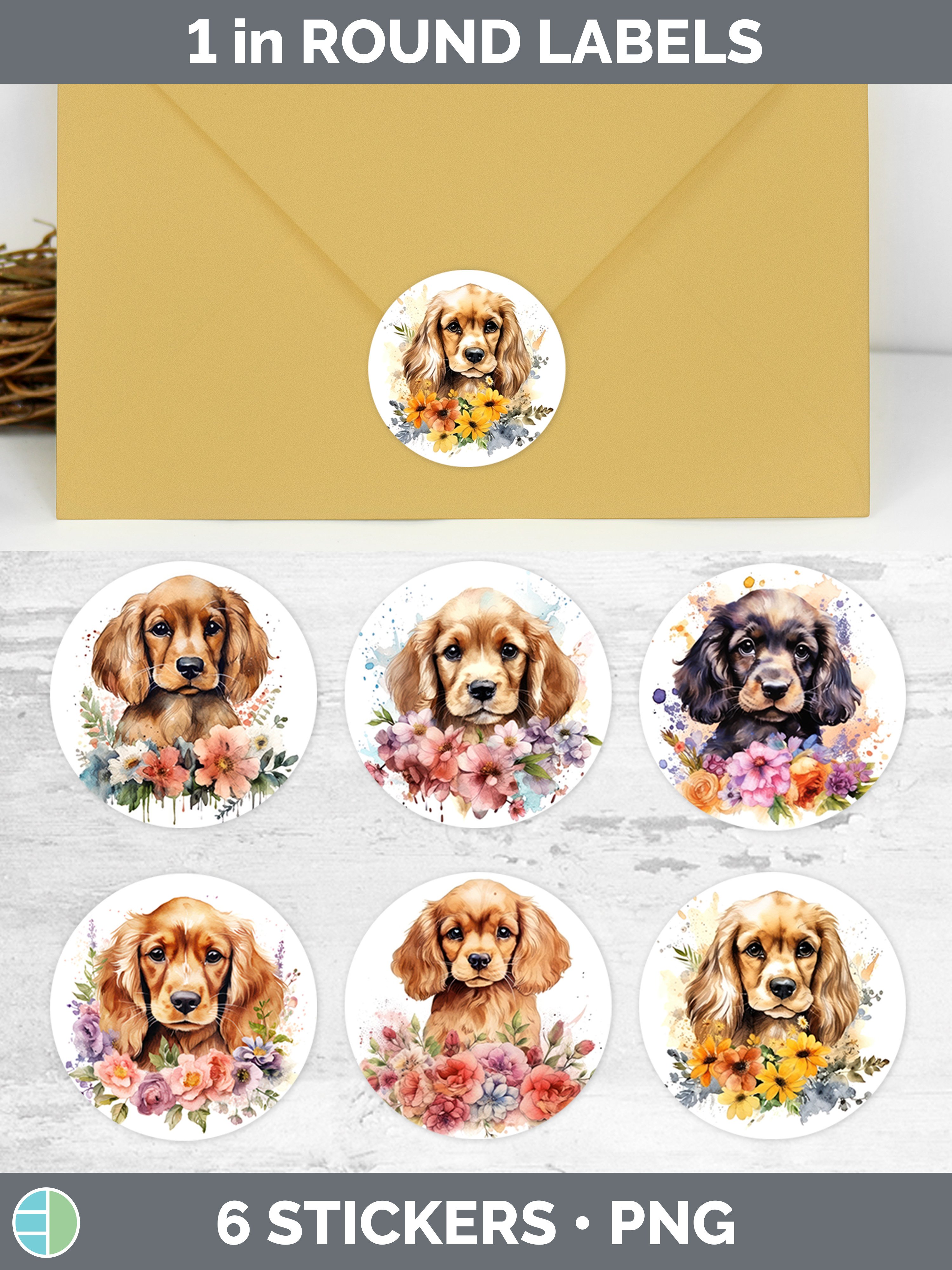 Watercolor Spaniel Dog Stickers | Round Labels Designs Bundl