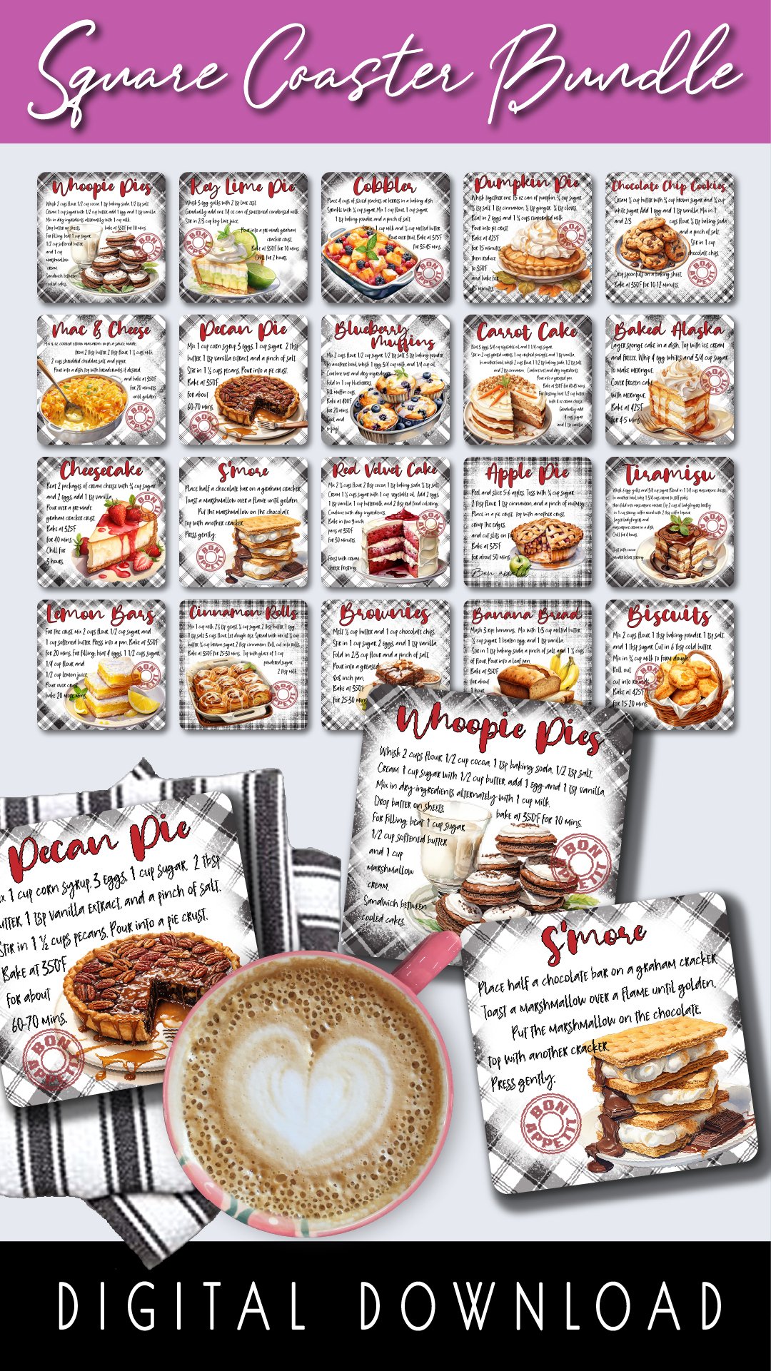 Baking Recipe Square Coaster Sublimation Bundle, Food Recipe