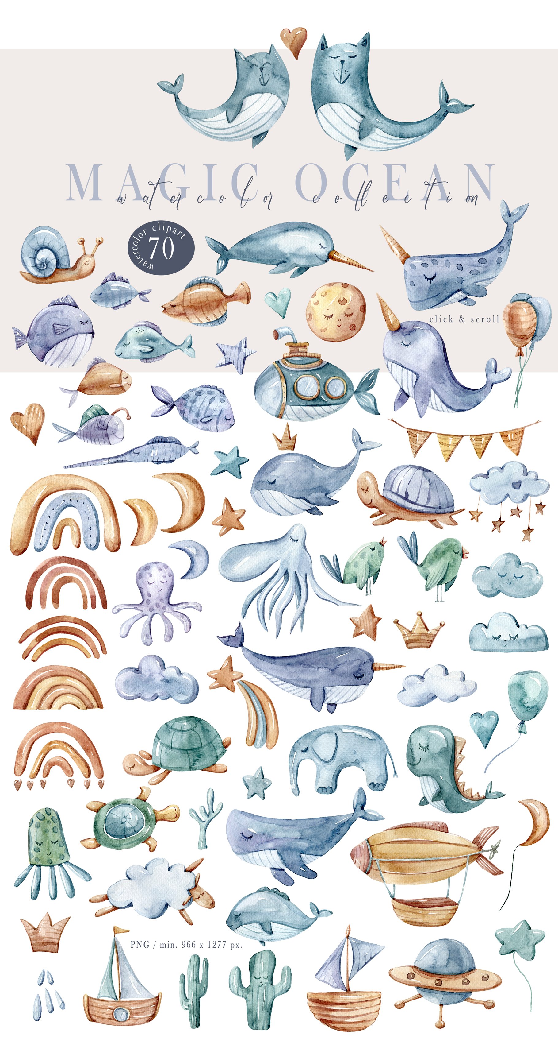 Watercolor ocean nursery clipart bundle - 70 png files