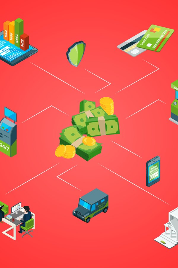 Vector isometric money flow in bank infographic illustration