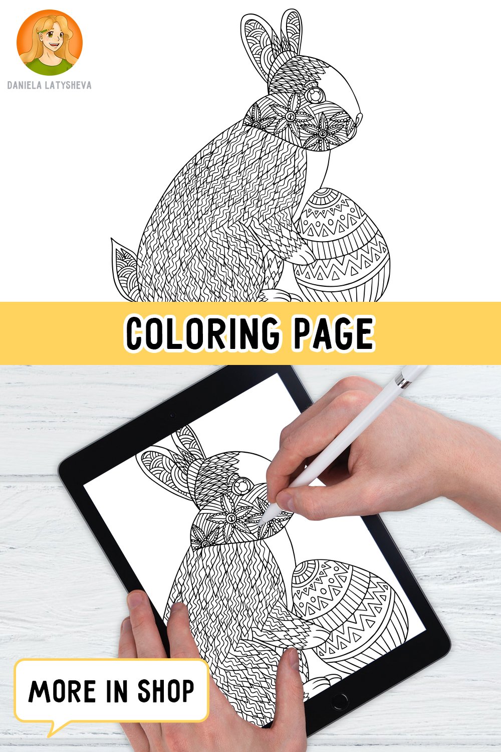 Coloring book page Easter Rabbit with zentangle element PNG