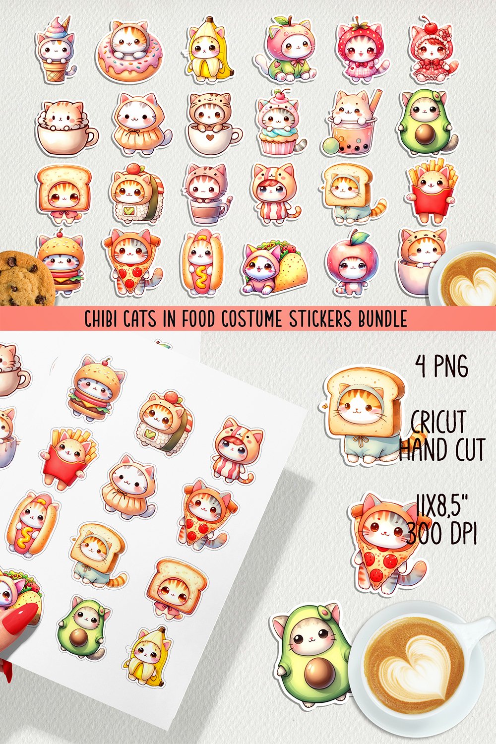 Chibi cat in food costume printable stickers (3632429)