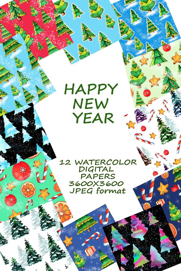 Happy New Year, 12 digital papers with winter motives