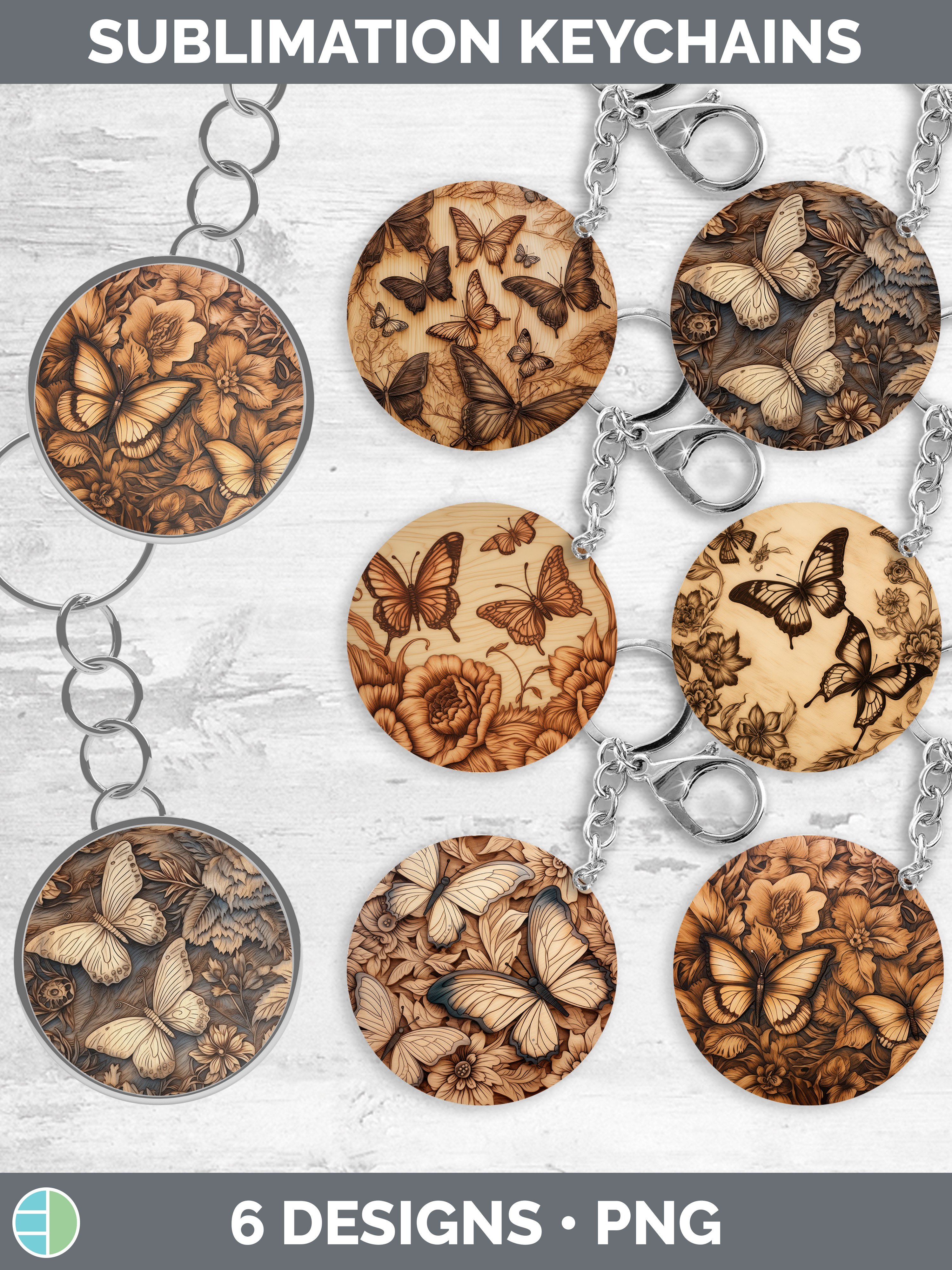 Wood Burned Butterflies Keychain | Sublimation Keyring Desig