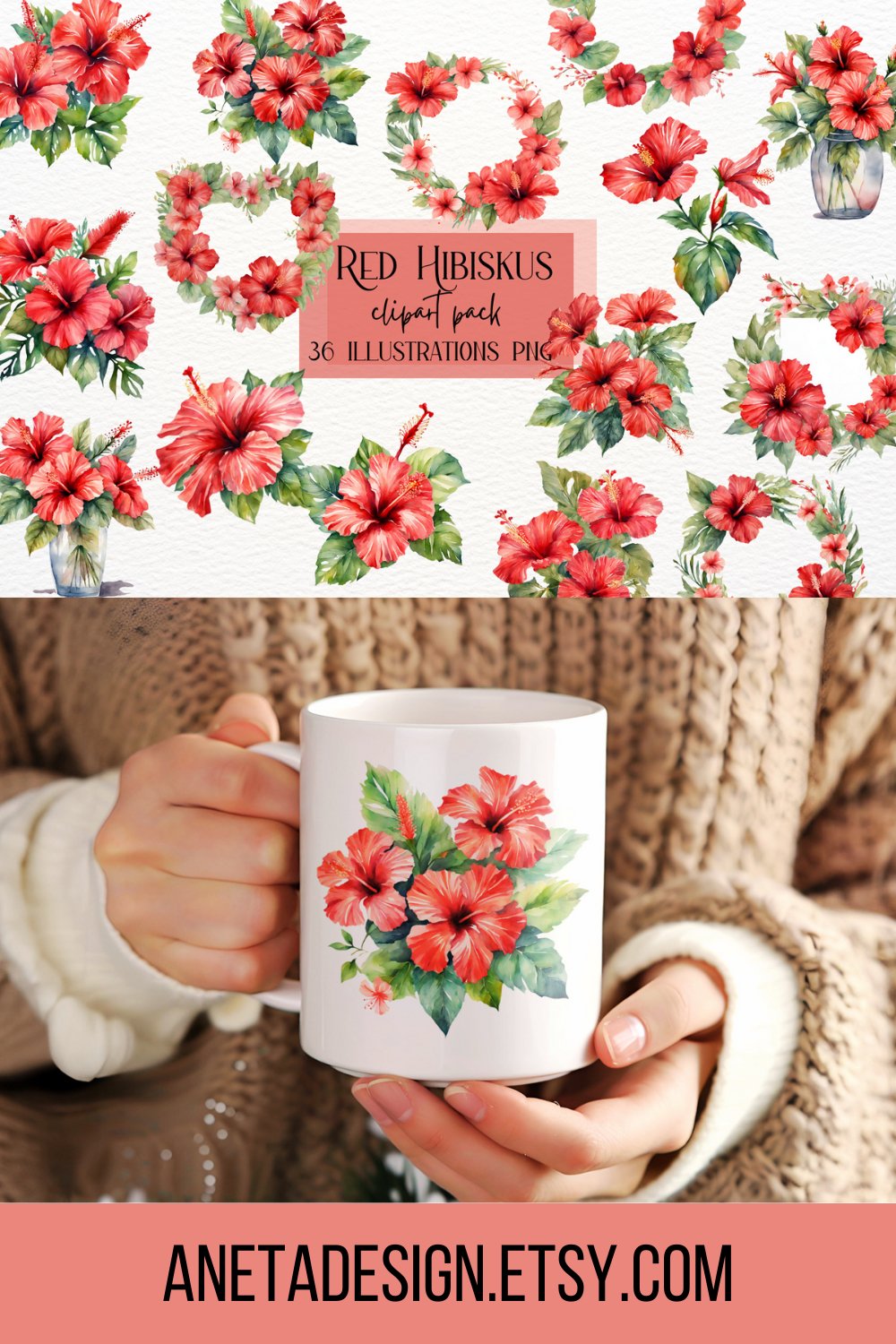 Watercolor Red Hibiscus Clipart, Tropical Floral Art