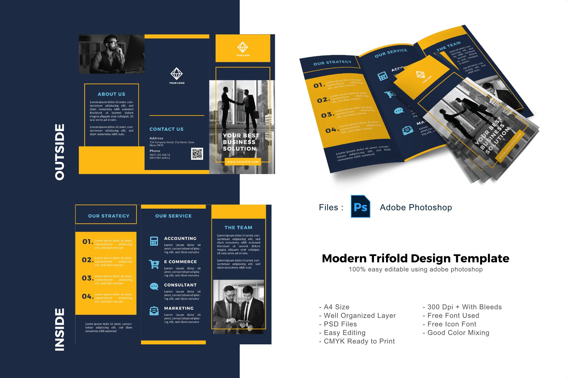 Blue business trifold photoshop template