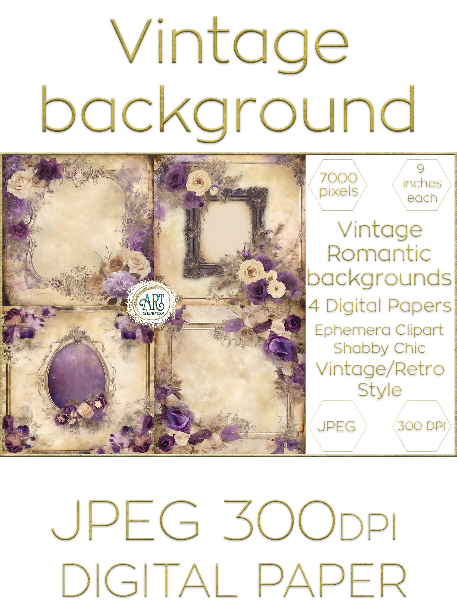 Watercolor Vintage Purple Digital Paper Shabby Chic Bohemian