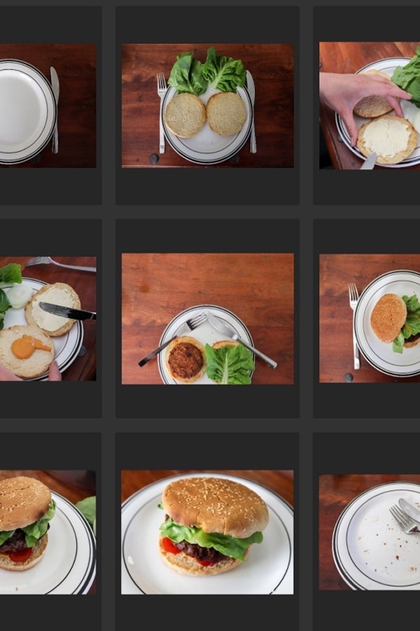 Timeline of homemage burger making in 9 images