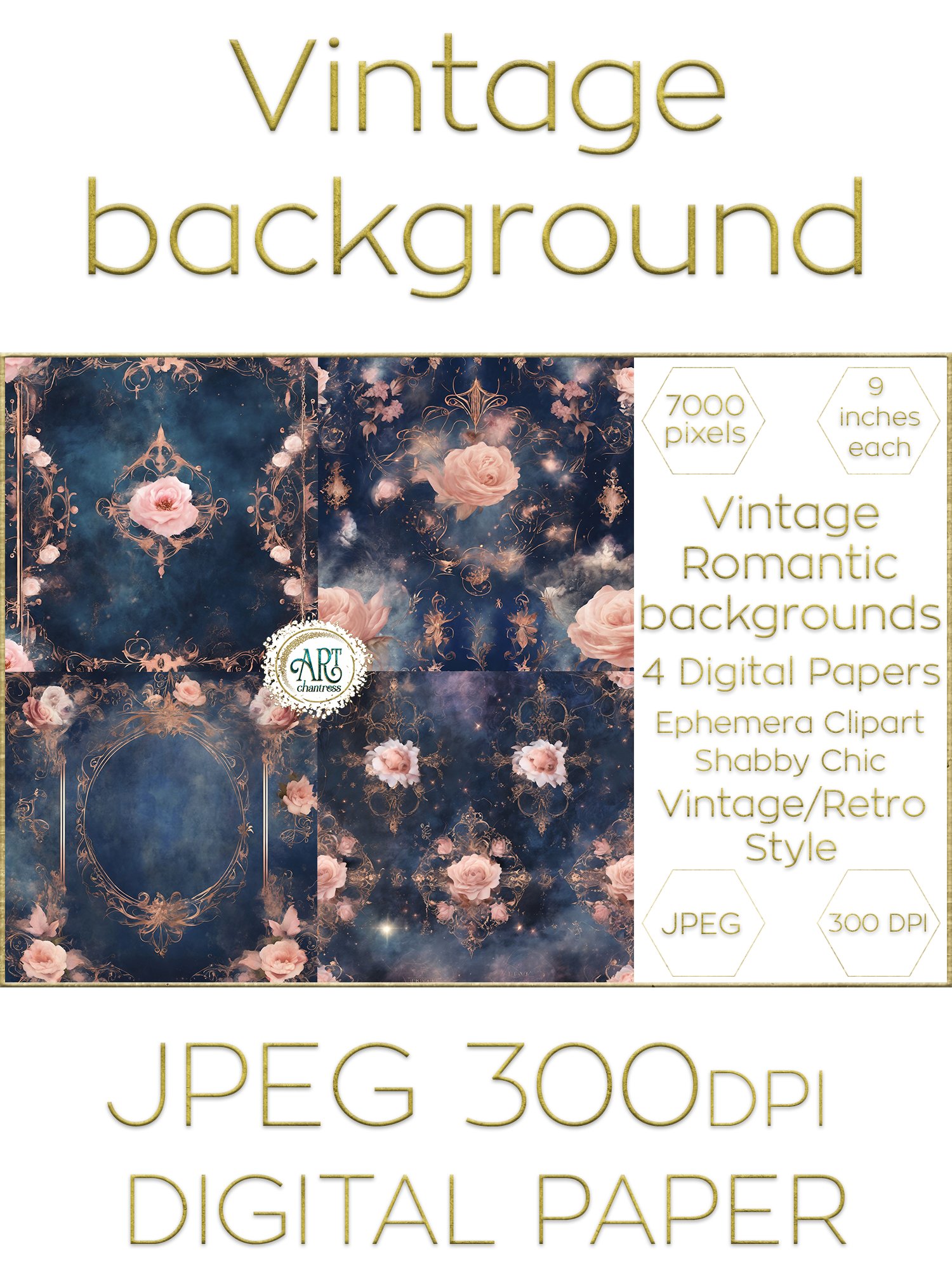 Watercolor Vintage Navy Pink Digital Paper Roses Graphics