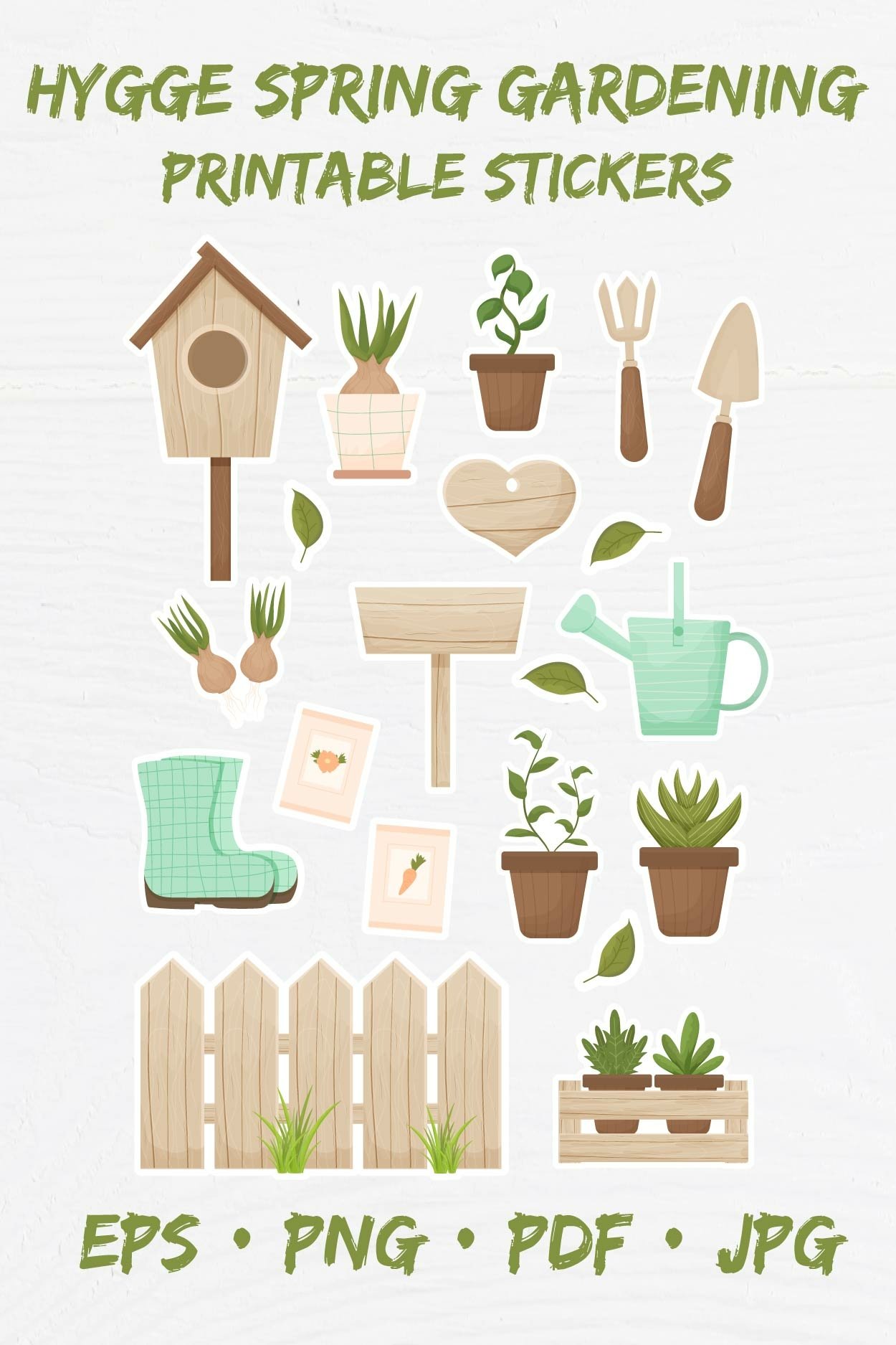 Hygge Spring Gardening Printable Sticker collection PNG, PDF