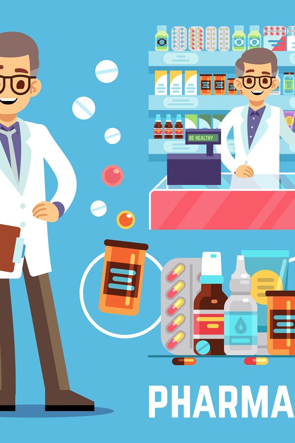 Vector pharmacy elements with male pharmacist, vitamins and
