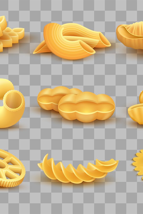 Vector realistic food cooking pasta types isolated