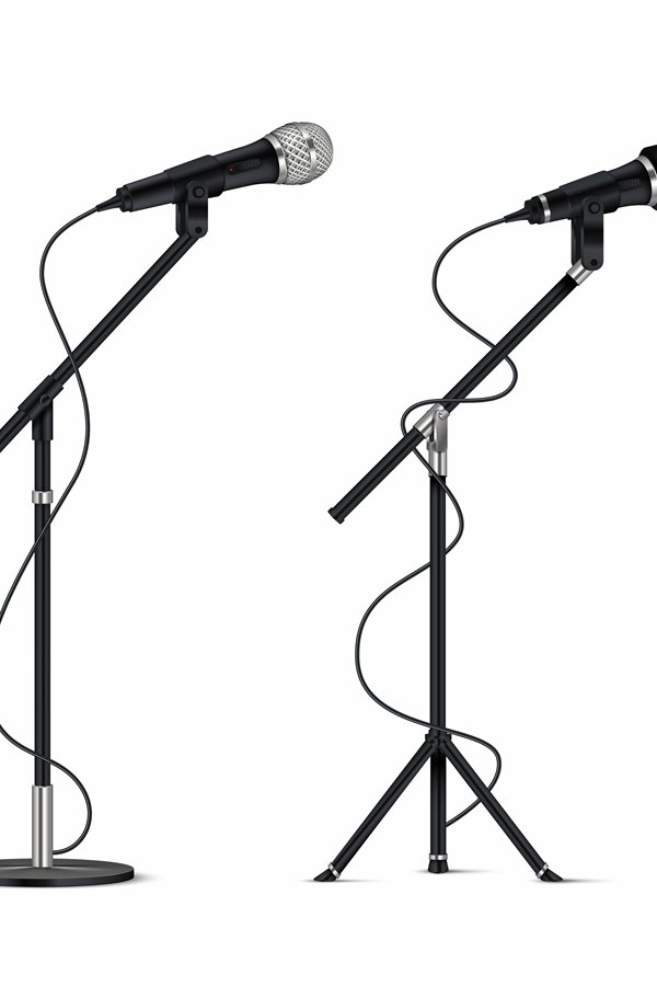 Realistic microphones. 3D professional metal mics with wire