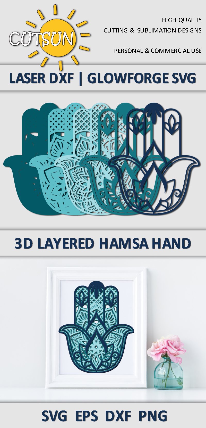 3D Layered Mandala Hamsa hand SVG - 5 layers