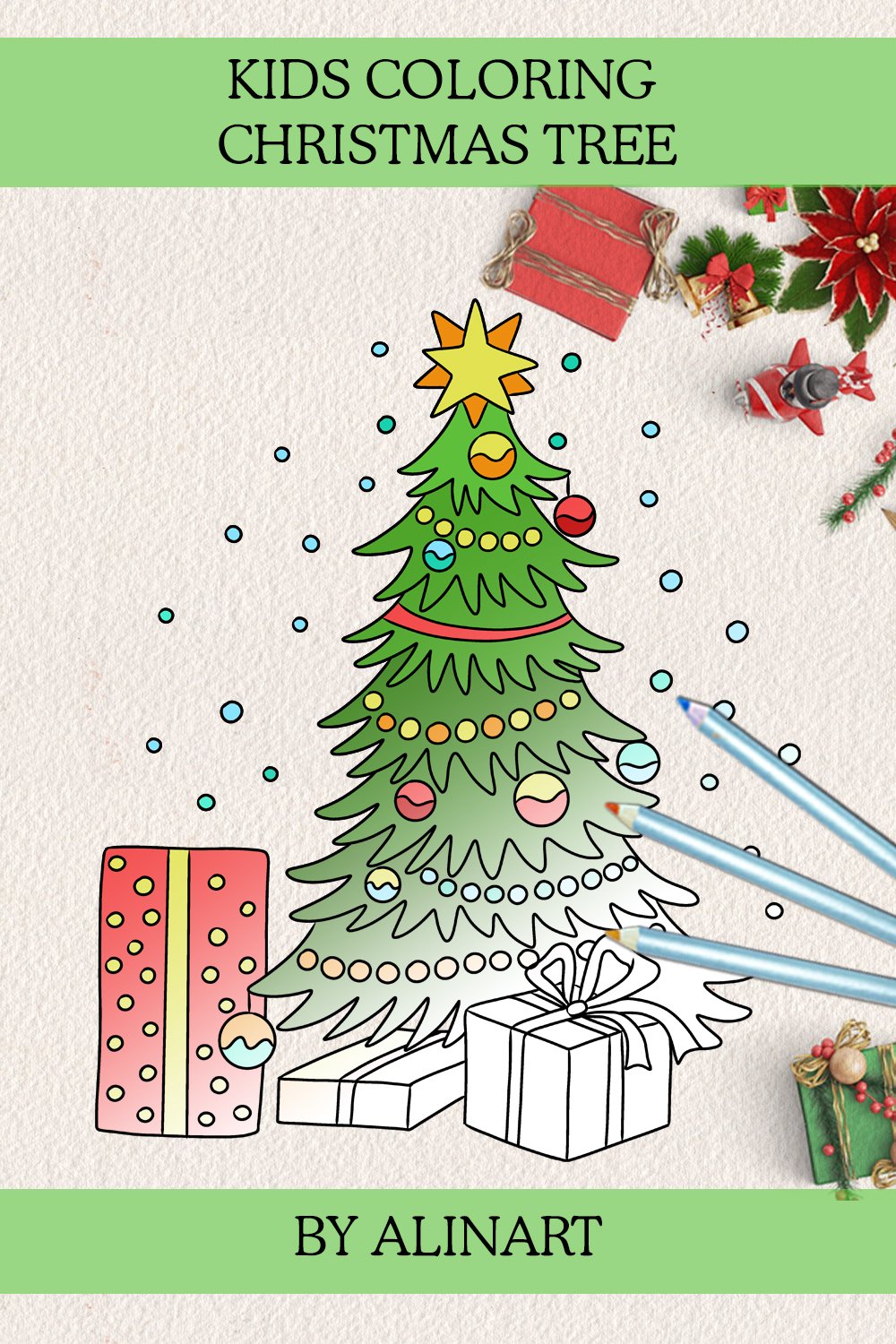 Kids coloring Christmas tree with gifts