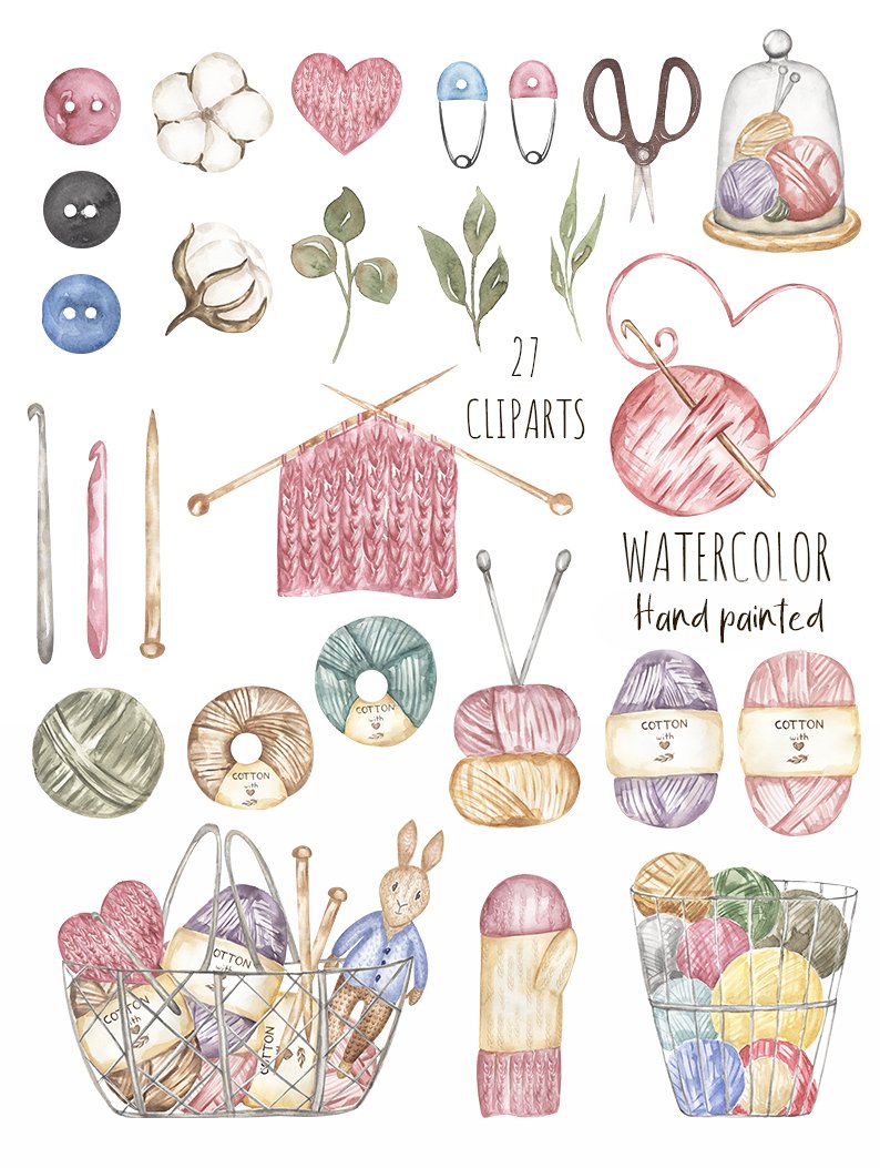 Watercolor Knitting Clipart Bundle (1659847)