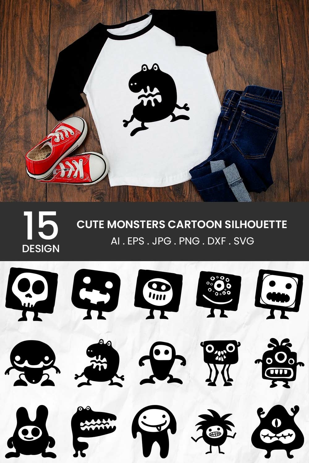 Cute Monster Cartoon Silhouette With 15 Variations