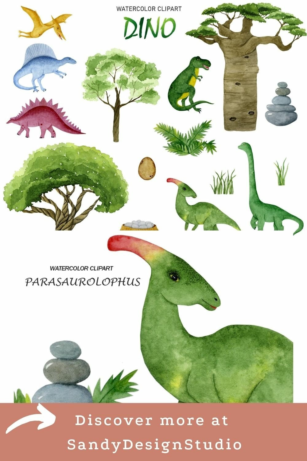Watercolor Dinosaurs clip art. Cute dino and design elements