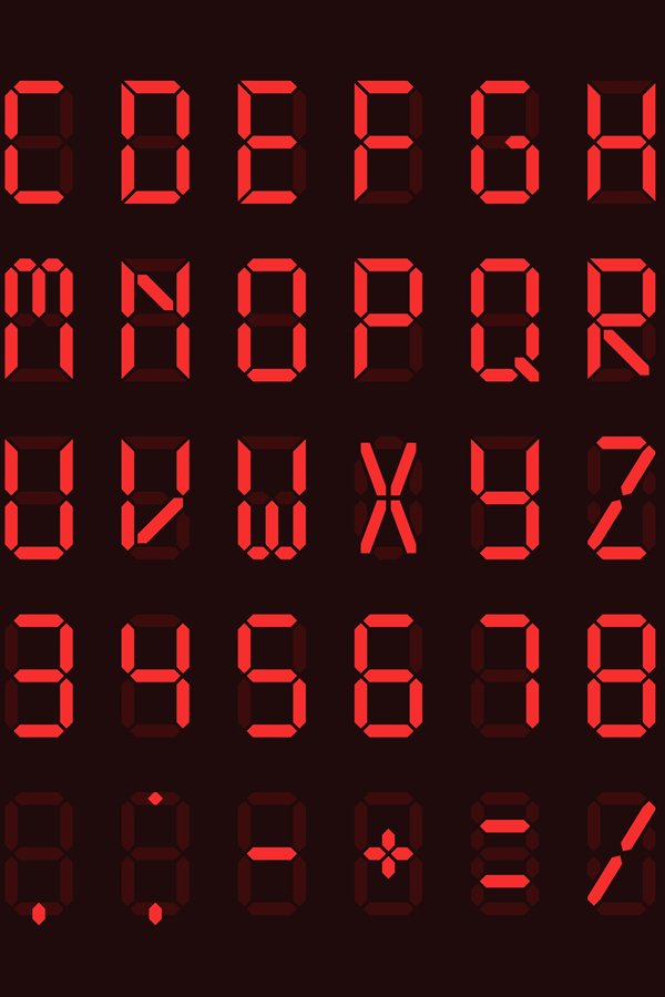 Digital display font. Red lighting letters, numbers and sign